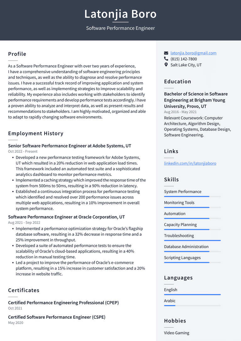 Meta Software Performance Engineer Resume Examples