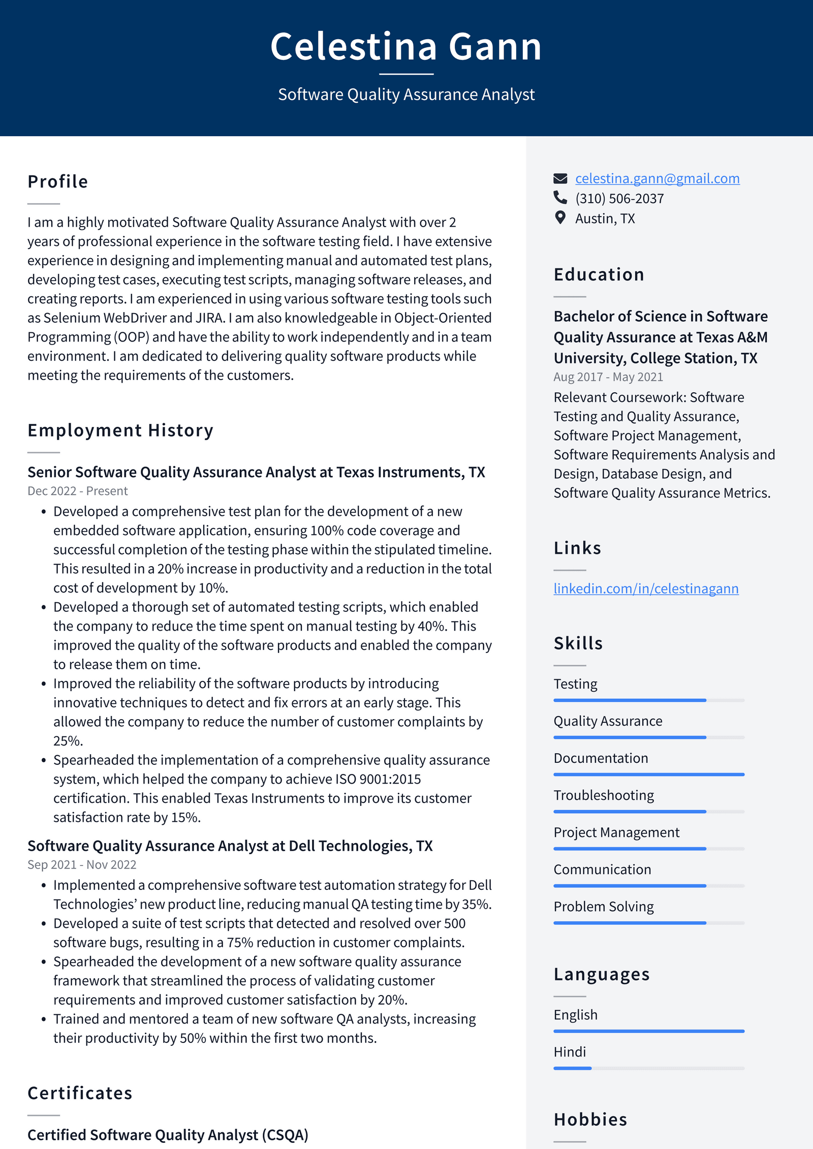 Meta Software Quality Assurance Analyst Resume Examples