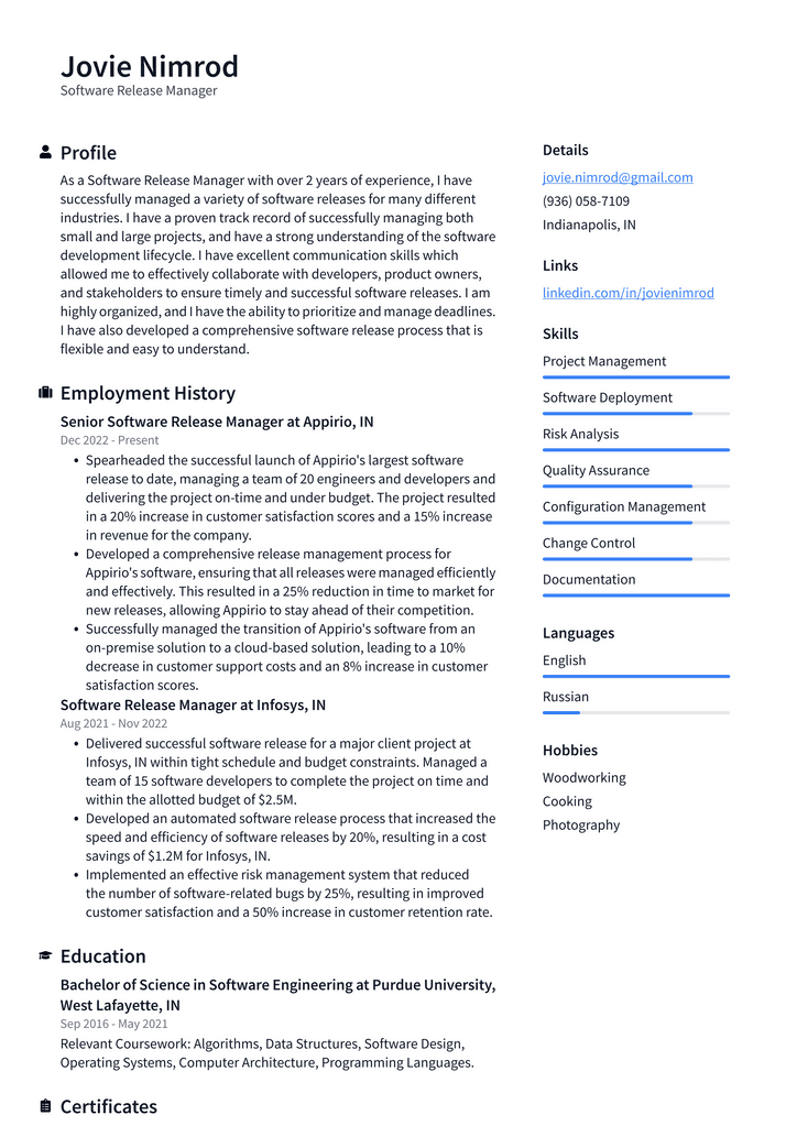 Meta Software Release Manager Resume Examples | ResumeCat