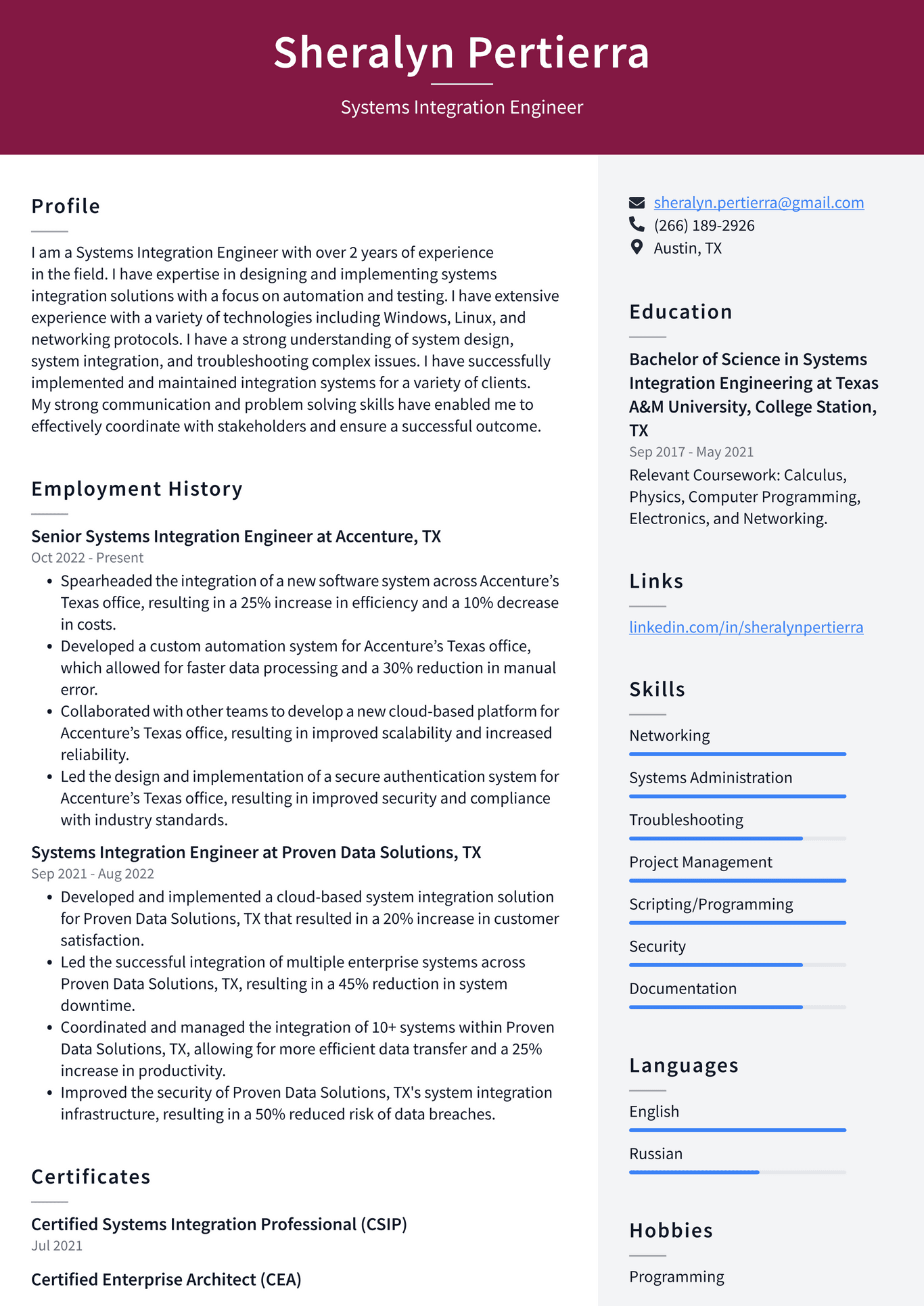 Meta Systems Integration Engineer Resume Examples
