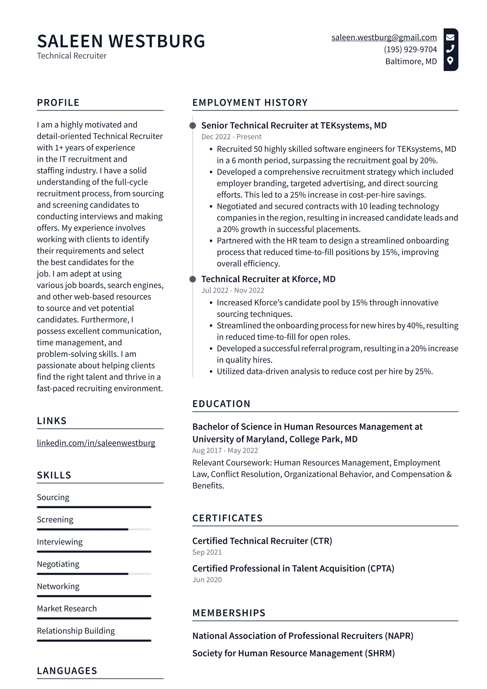 Meta Technical Recruiter Resume Examples | ResumeCat