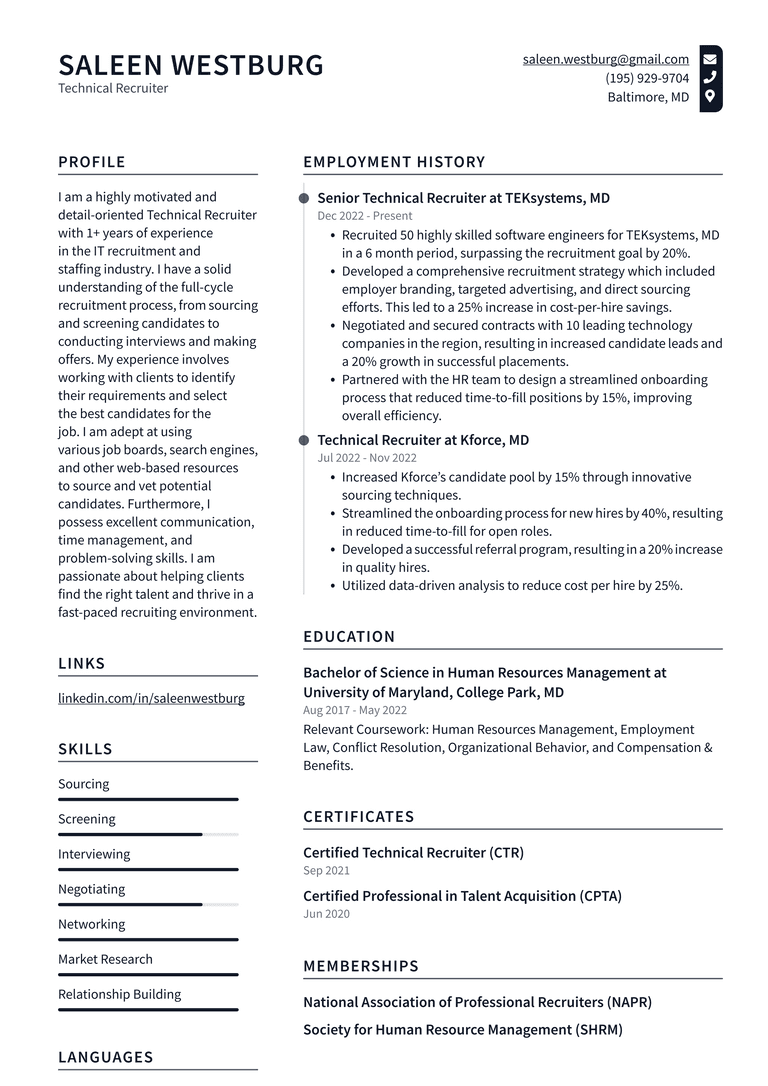 Meta Technical Recruiter Resume Examples | ResumeCat