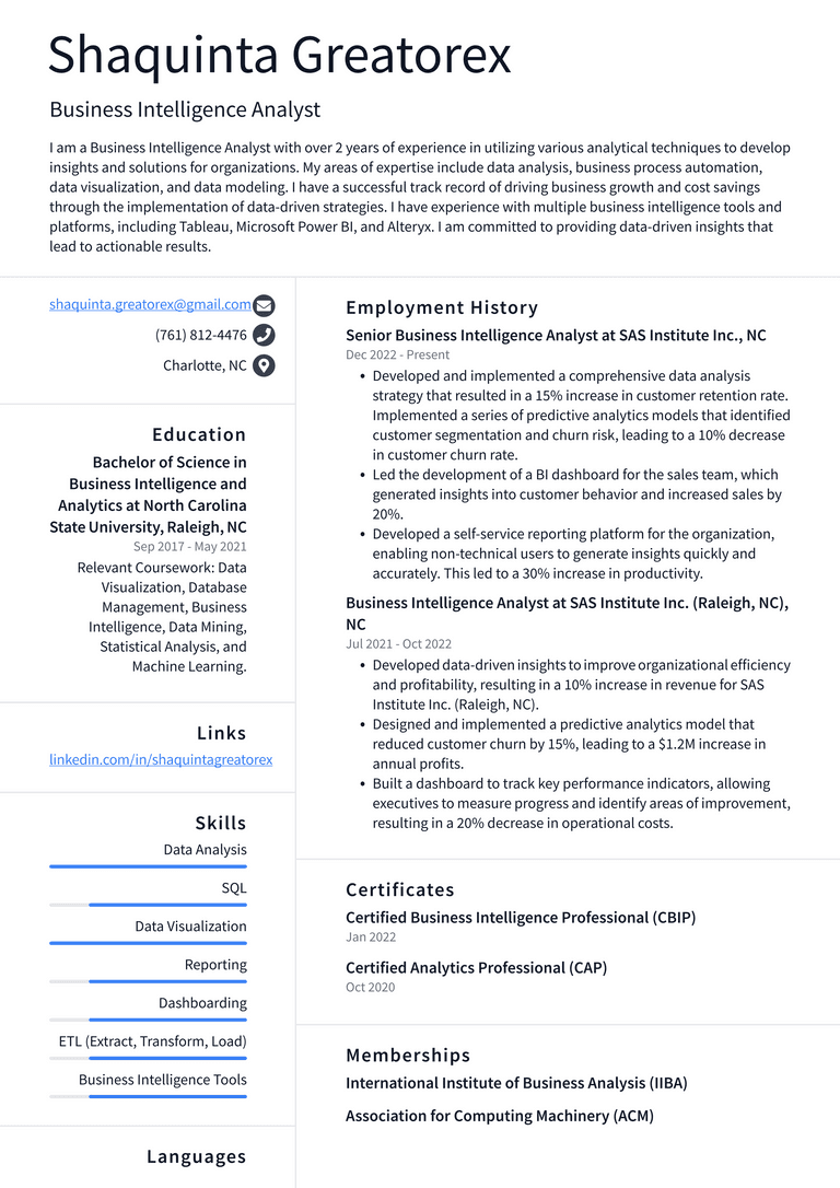 Microsoft Business Intelligence Analyst Resume Examples