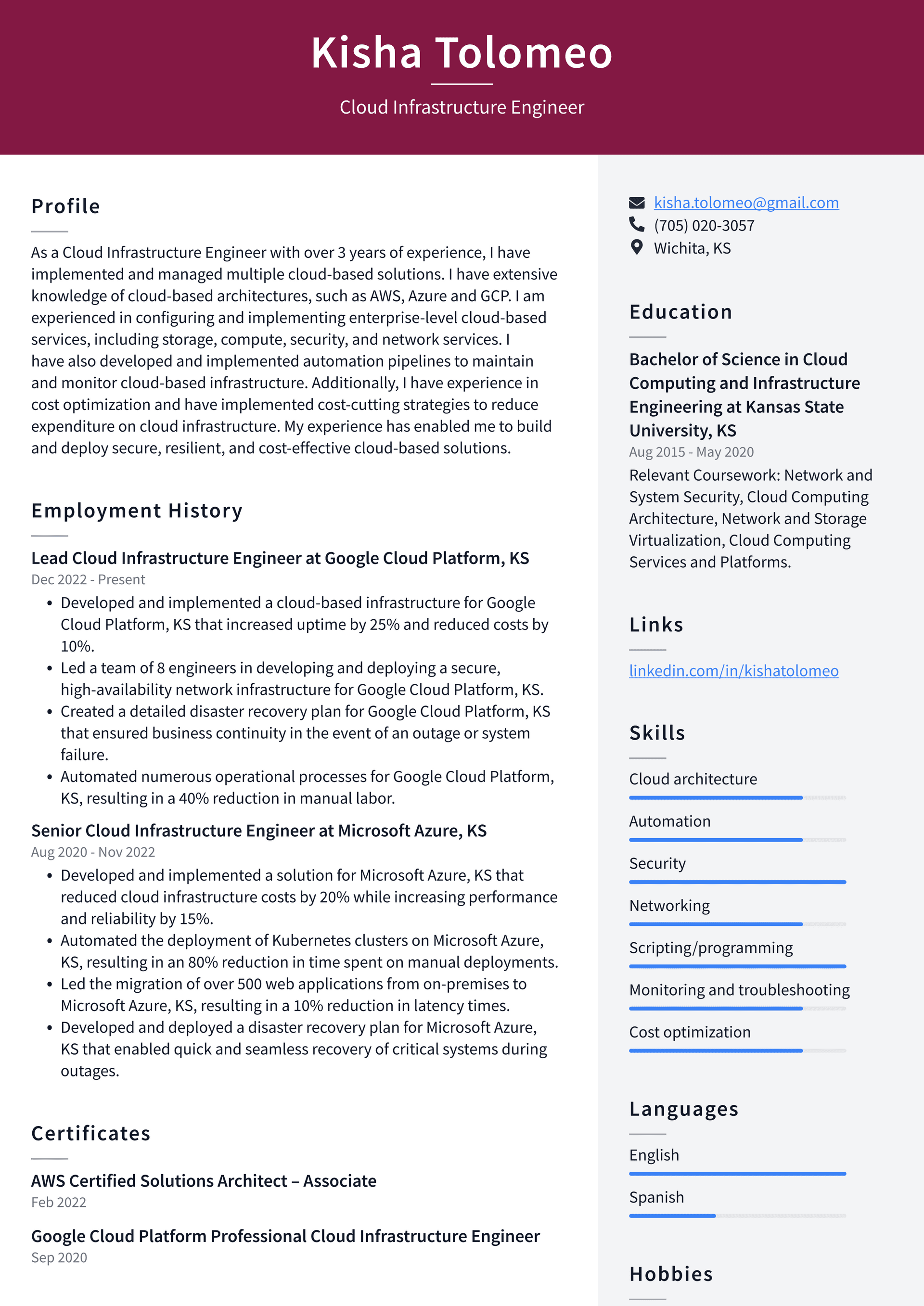 Microsoft Cloud Infrastructure Engineer Resume Examples