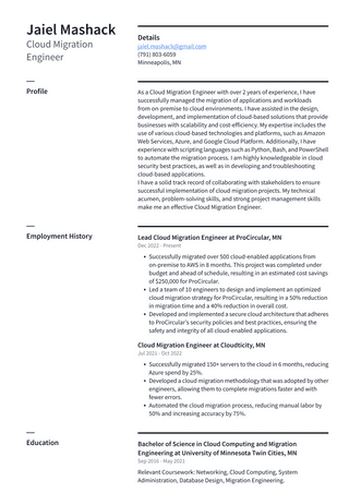 Microsoft Cloud Migration Engineer Resume Examples