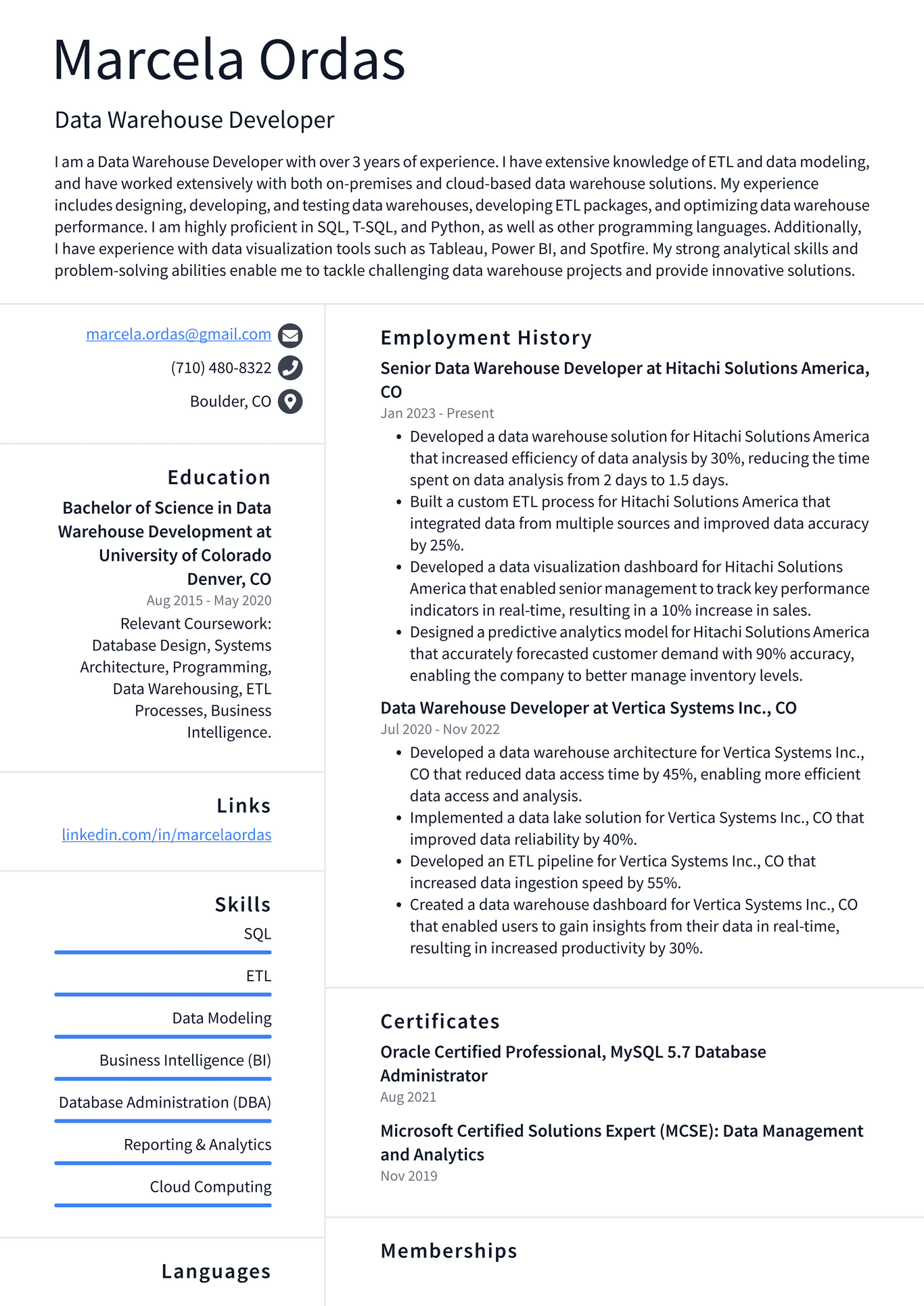 Microsoft Data Warehouse Developer Resume Examples
