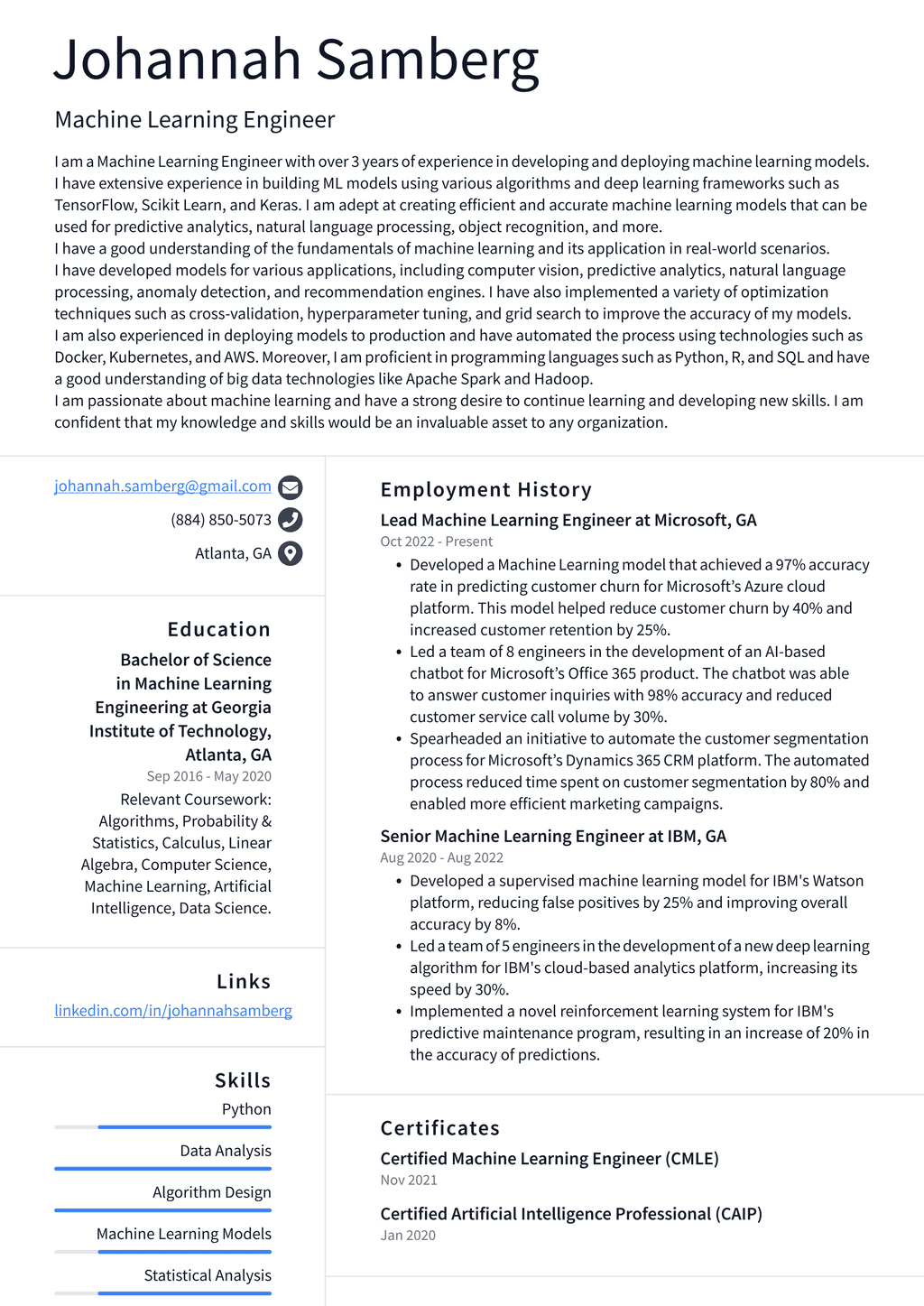 Microsoft Machine Learning Engineer Resume Examples