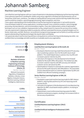 Microsoft Machine Learning Engineer Resume Examples