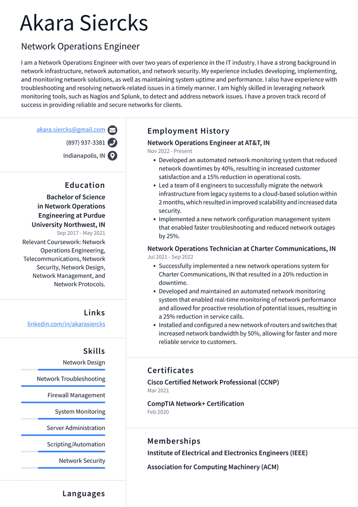 Microsoft Network Operations Engineer Resume Examples
