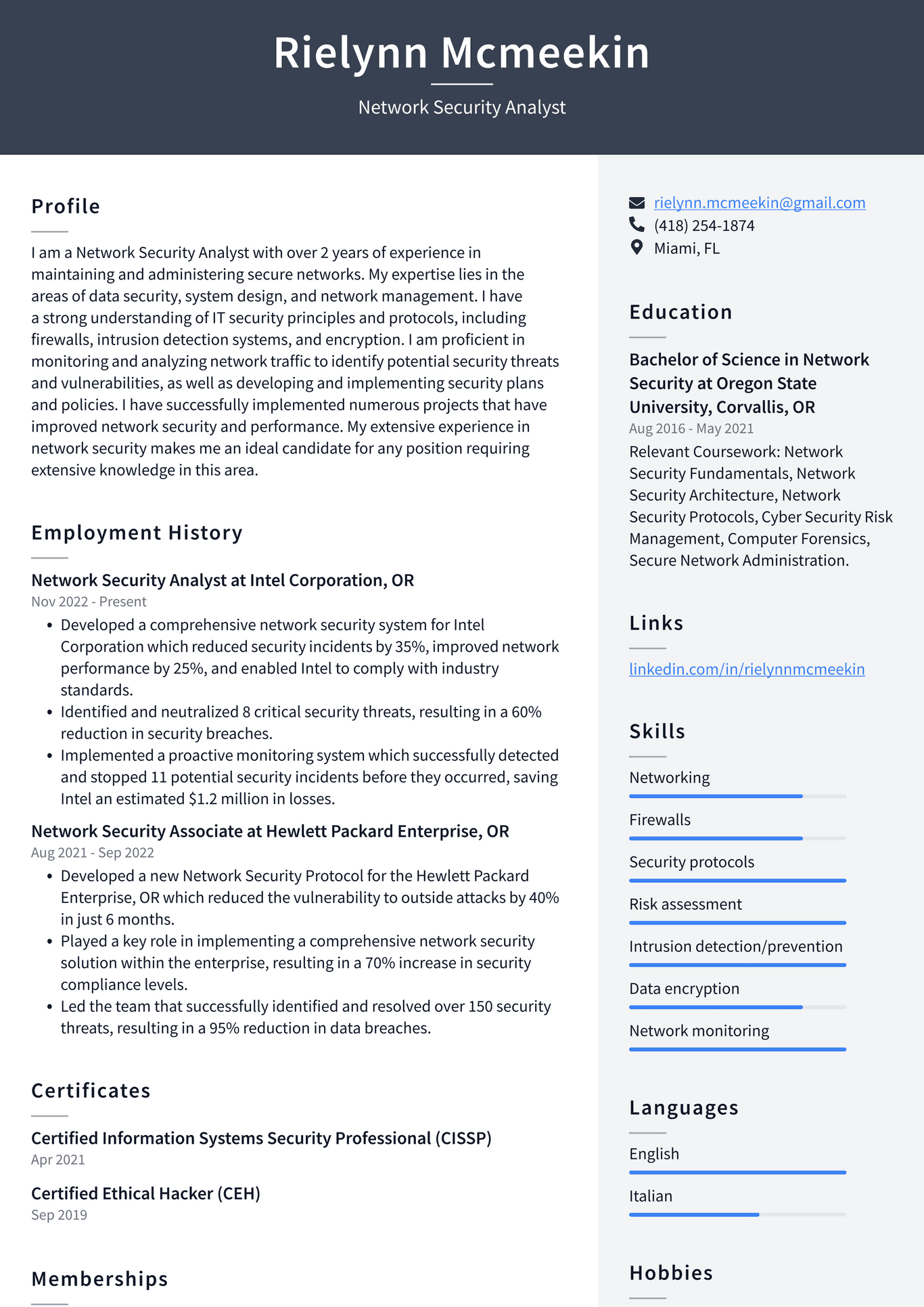 Microsoft Network Security Analyst Resume Examples