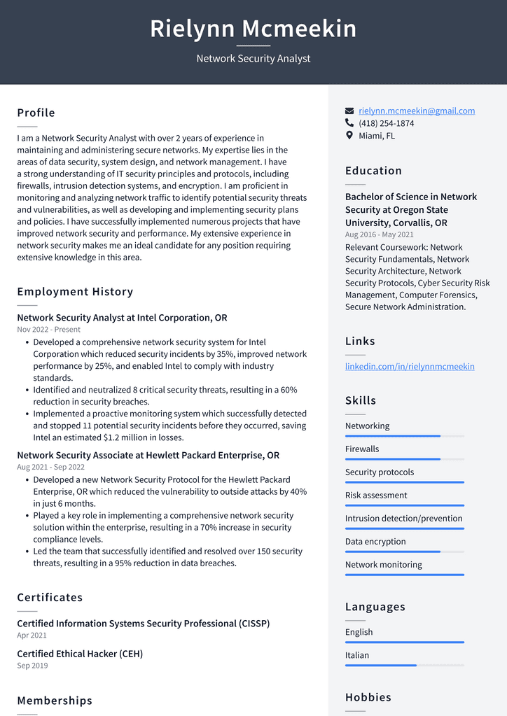 Microsoft Network Security Analyst Resume Examples