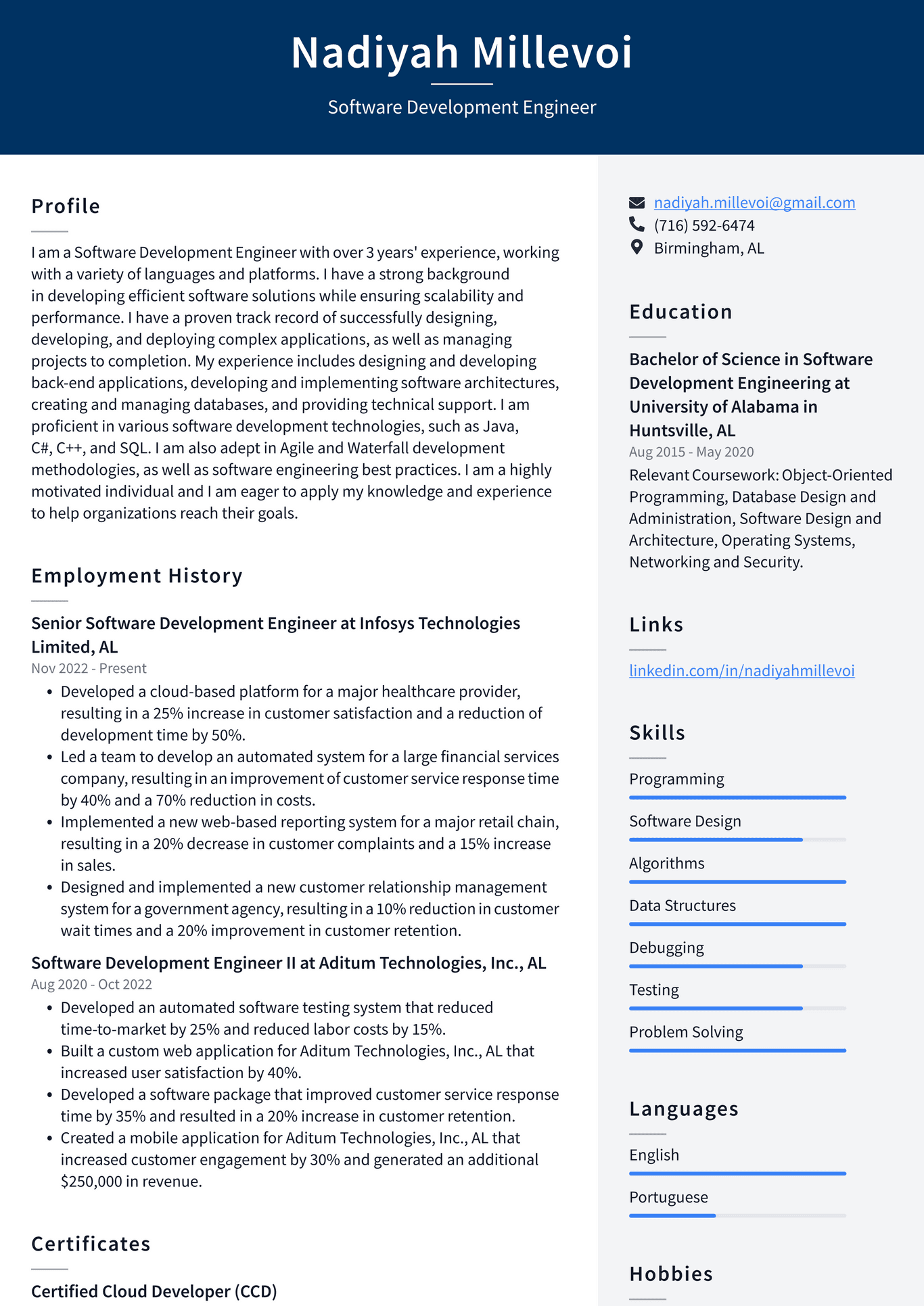 Microsoft Software Development Engineer Resume Examples