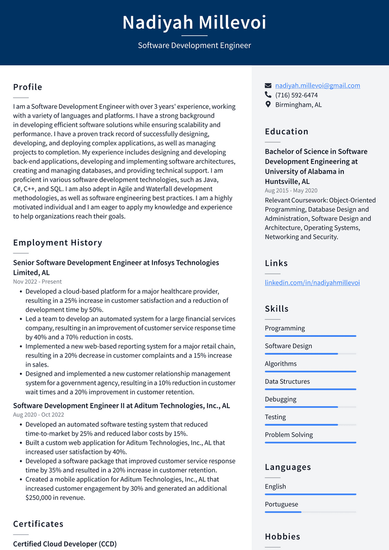 Microsoft Software Development Engineer Resume Examples