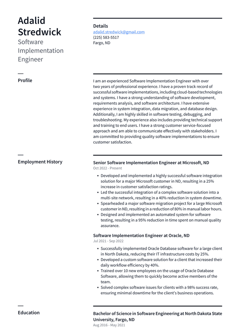 Microsoft Software Implementation Engineer Resume Examples
