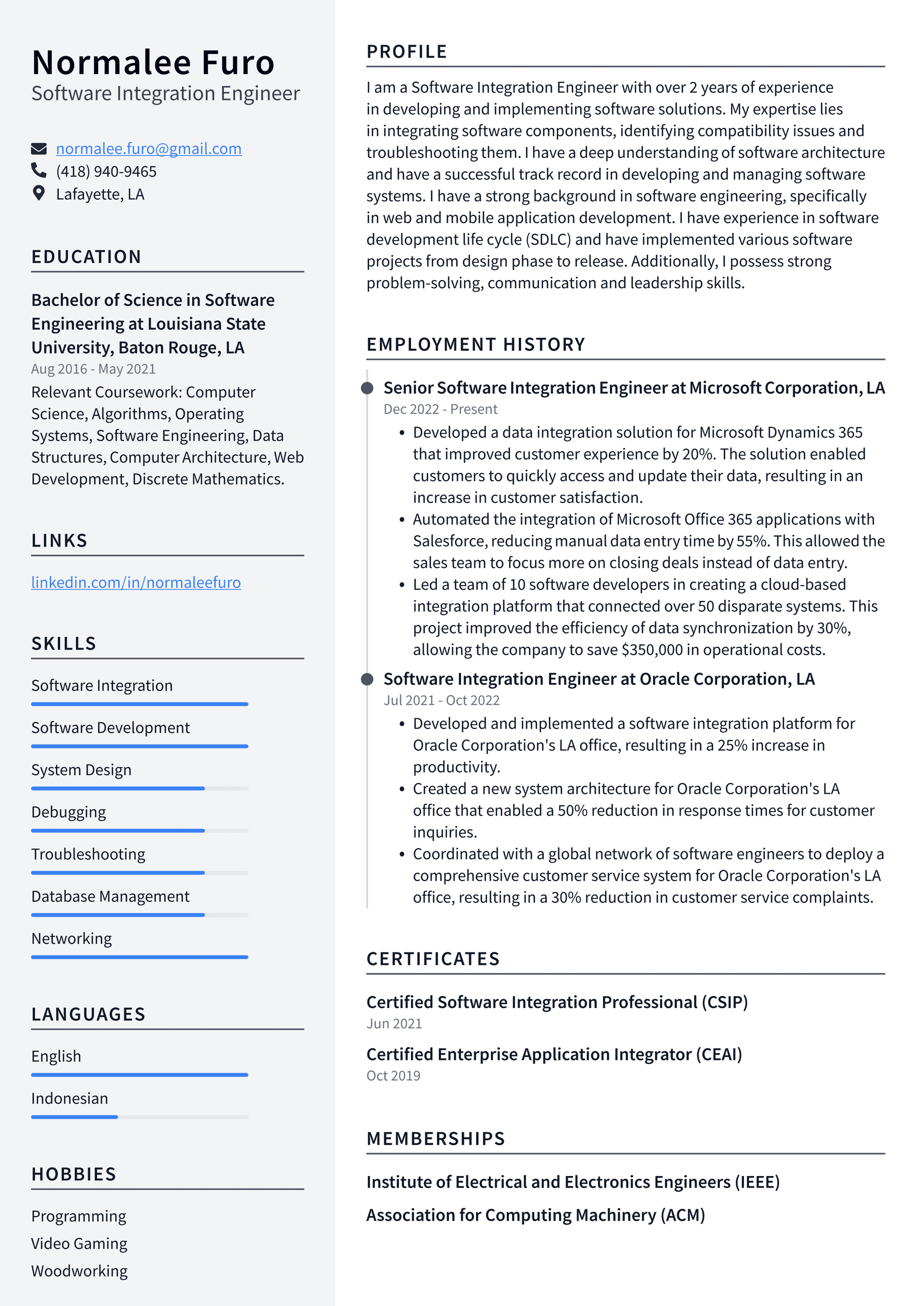 Microsoft Software Integration Engineer Resume Examples