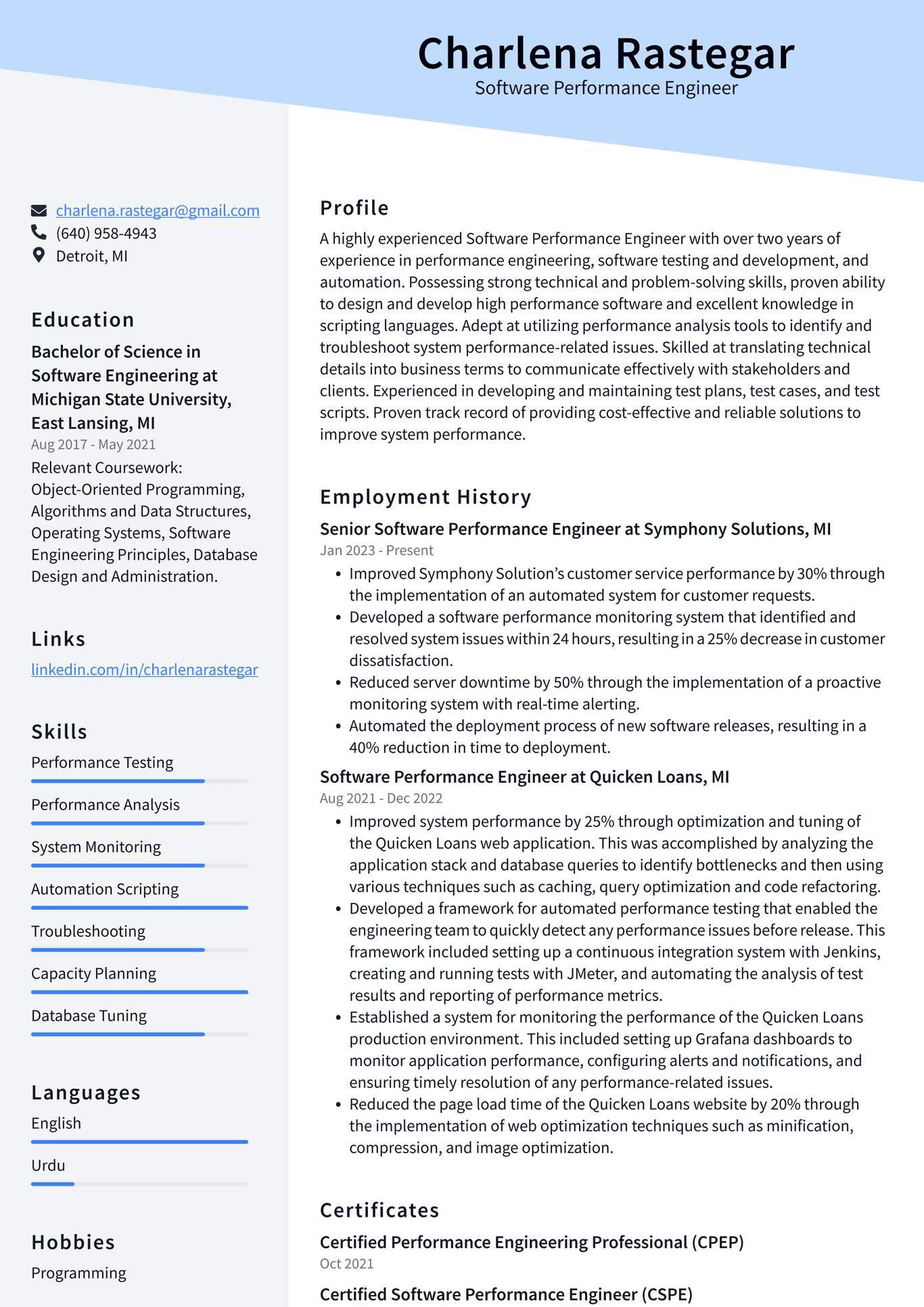 Microsoft Software Performance Engineer Resume Examples