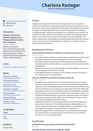 Microsoft Software Performance Engineer Resume Examples