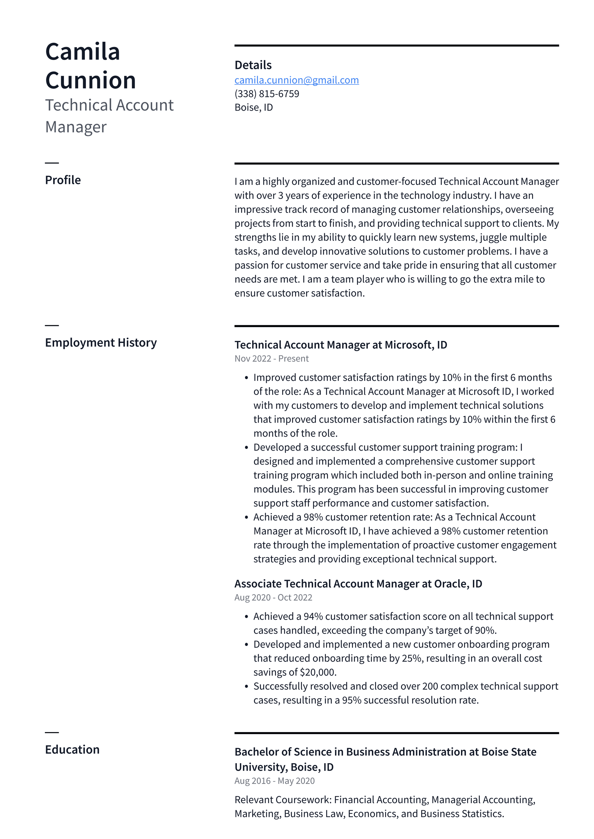 Microsoft Technical Account Manager Resume Examples