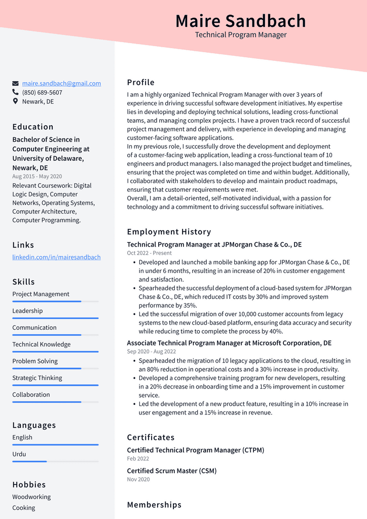 Microsoft Technical Program Manager Resume Examples