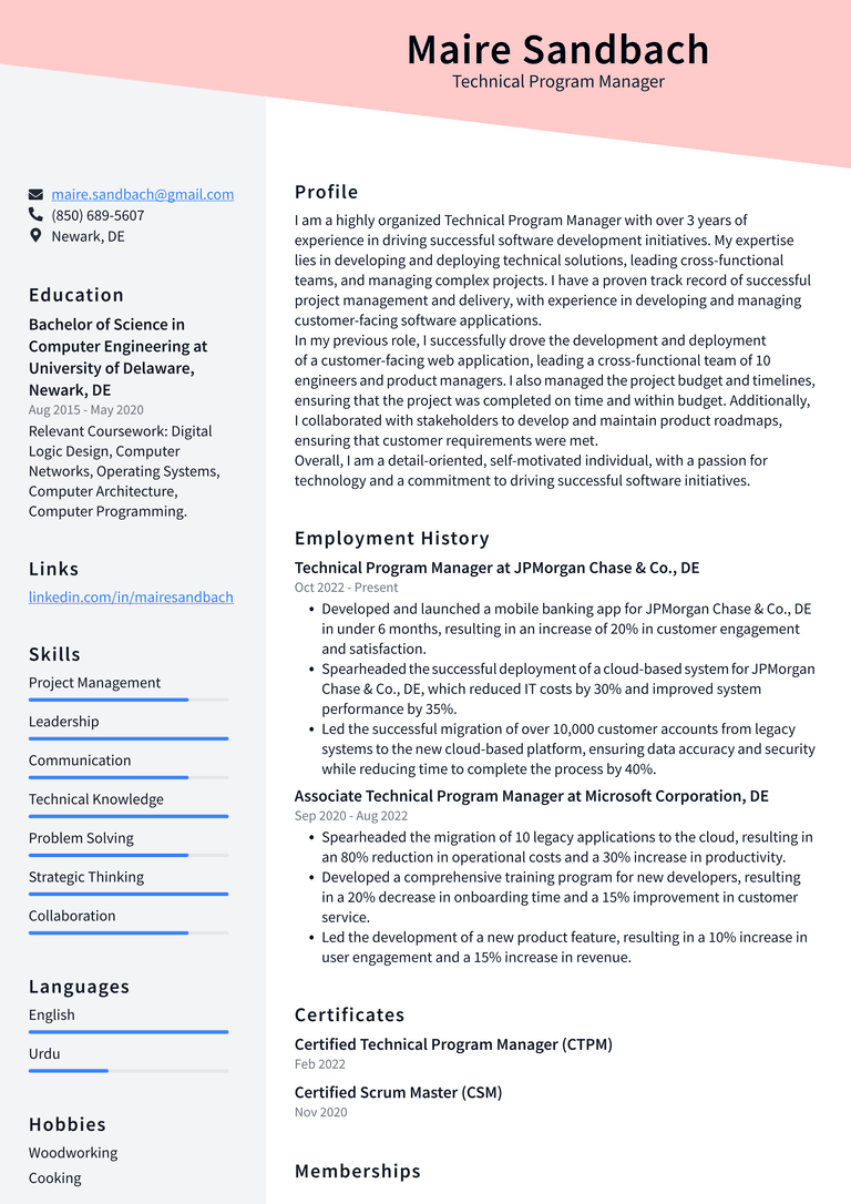 Microsoft Technical Program Manager Resume Examples