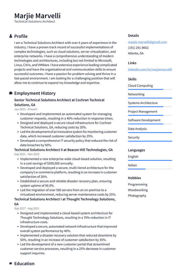 Microsoft Technical Solutions Architect Resume Examples