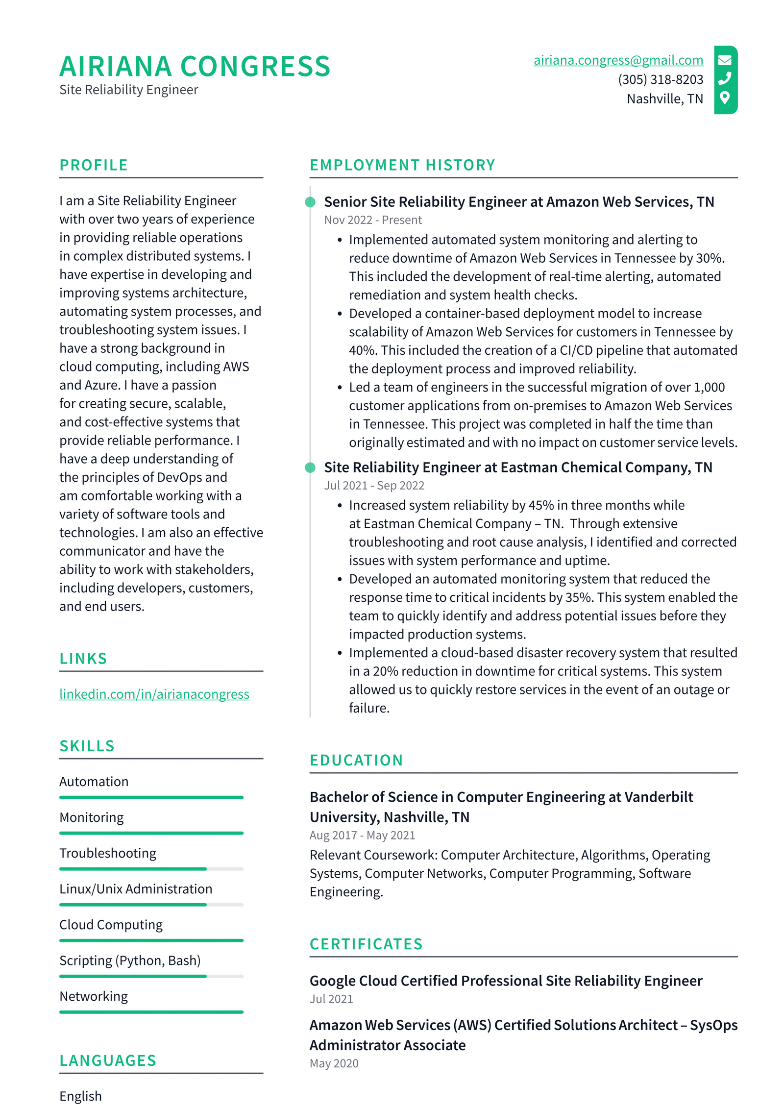 Netflix Site Reliability Engineer Resume Examples