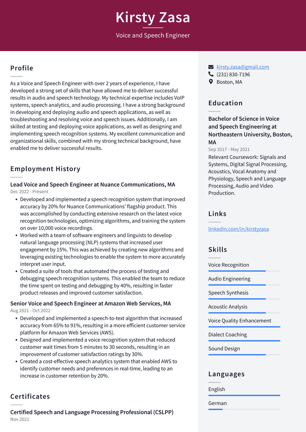 Netflix Voice and Speech Engineer Resume Examples