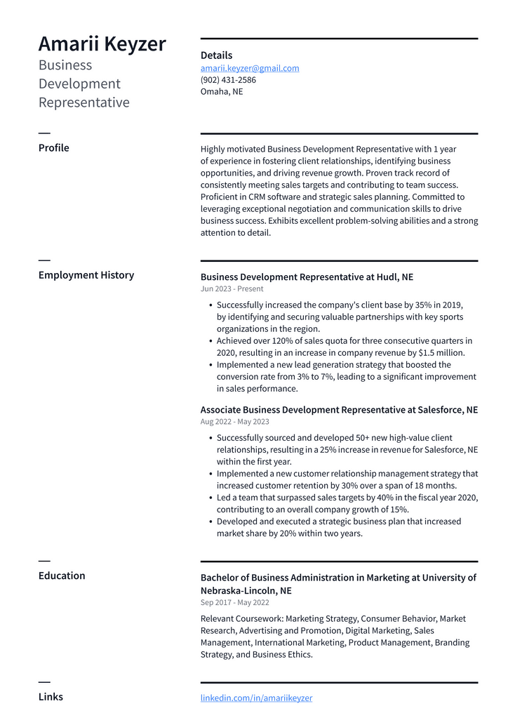 Oracle Business Development Representative Resume Examples