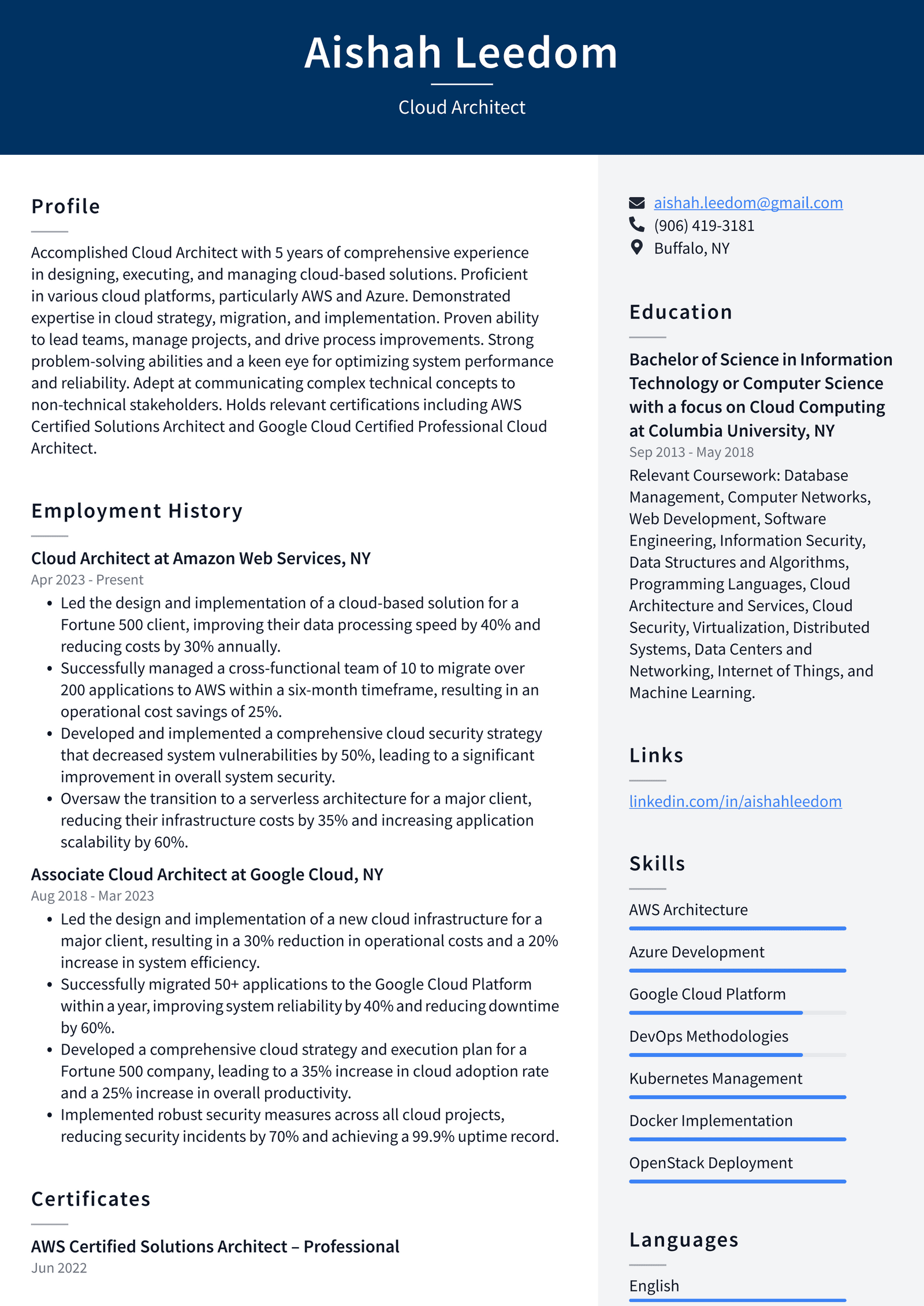 Oracle Cloud Architect Resume Examples | ResumeCat