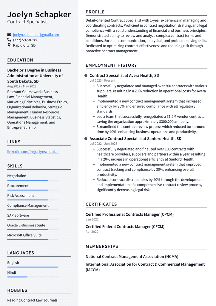 Oracle Contract Specialist Resume Examples | ResumeCat