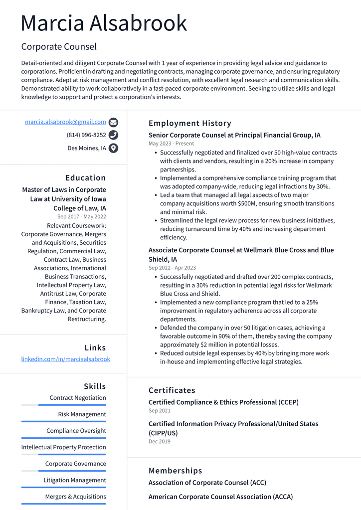 Oracle Corporate Counsel Resume Examples | ResumeCat