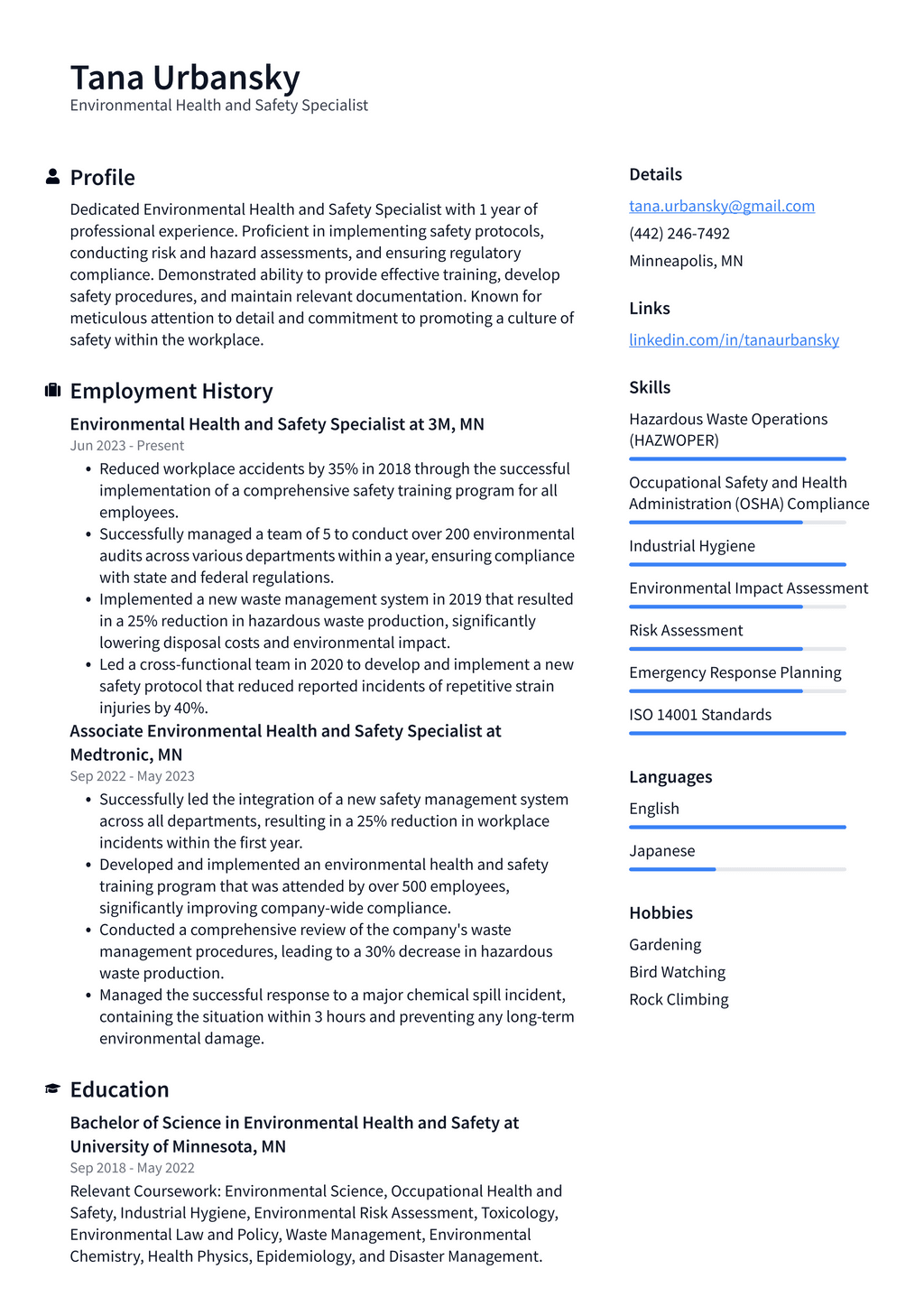 Oracle Environmental Health and Safety Specialist Resume Examples