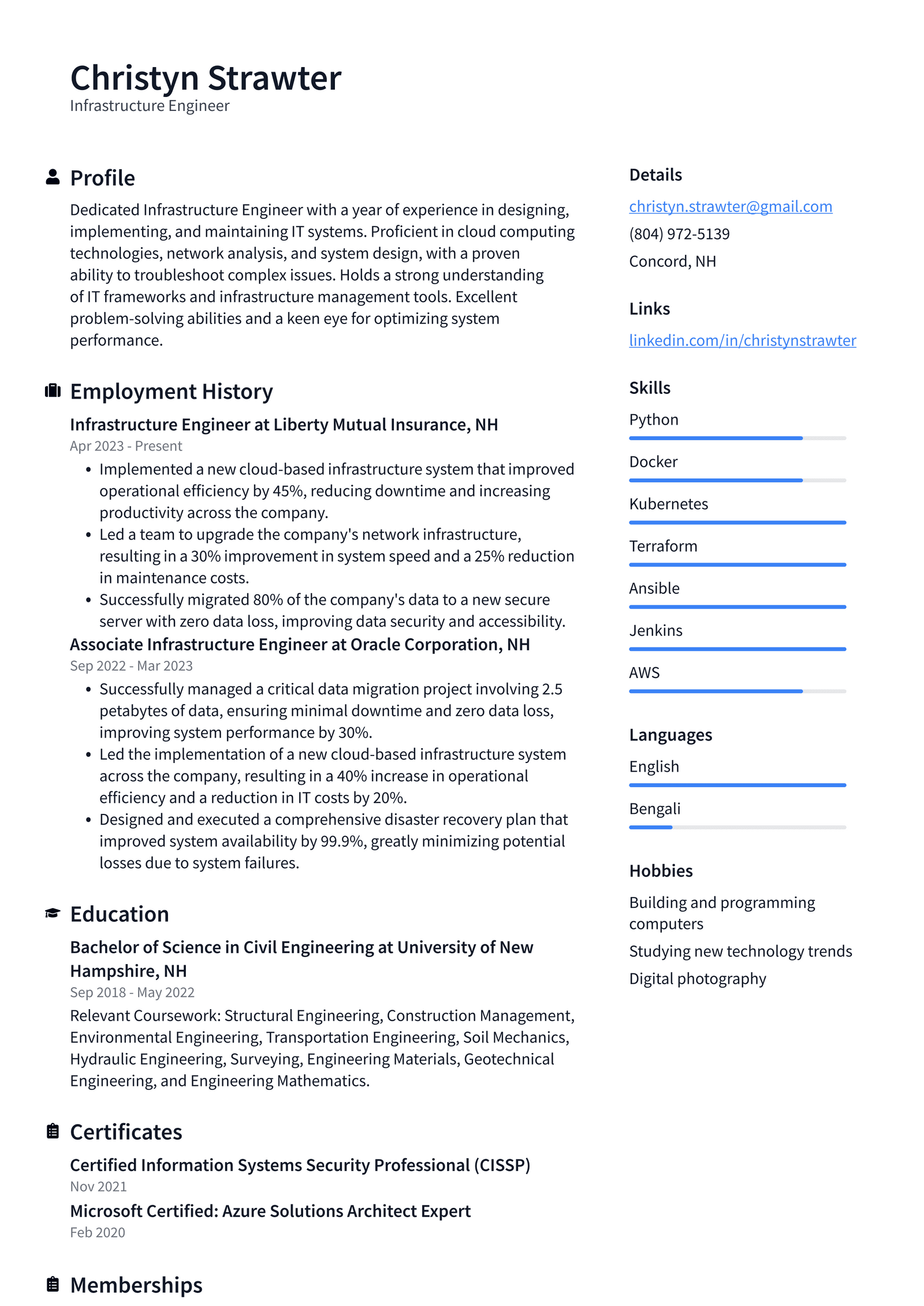 Oracle Infrastructure Engineer Resume Examples | ResumeCat