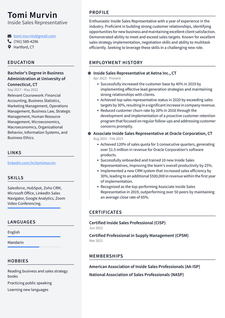Oracle Inside Sales Representative Resume Examples
