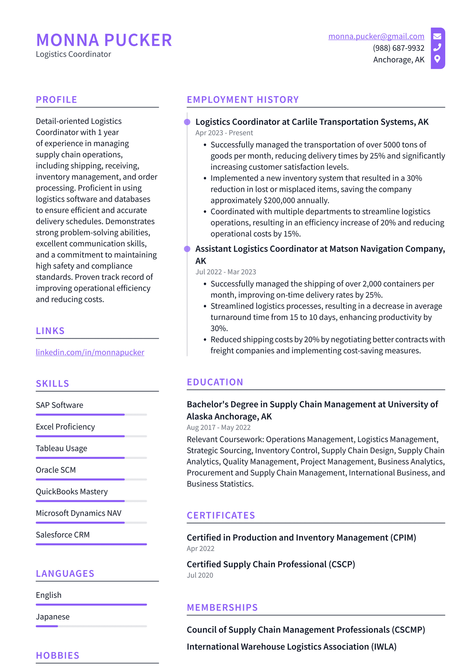 Oracle Logistics Coordinator Resume Examples | ResumeCat
