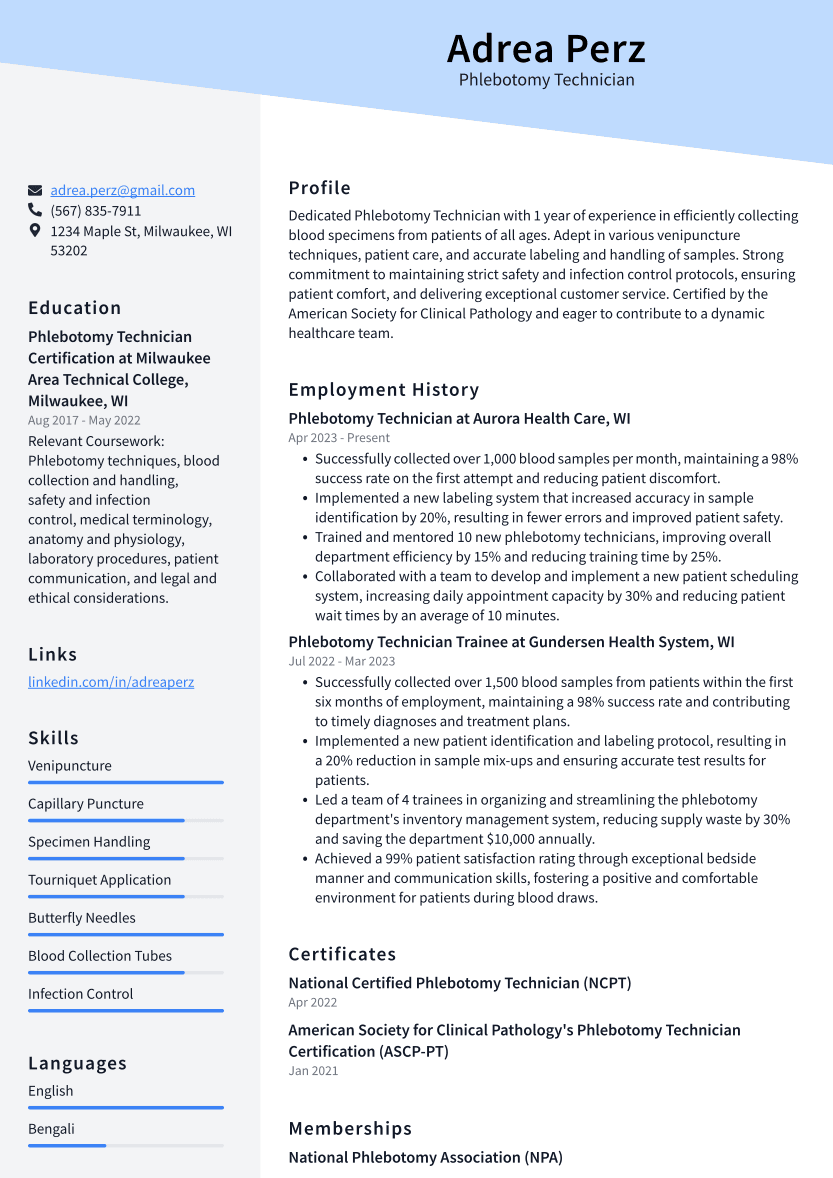Top 16 Phlebotomy Technician Resume Objective Examples