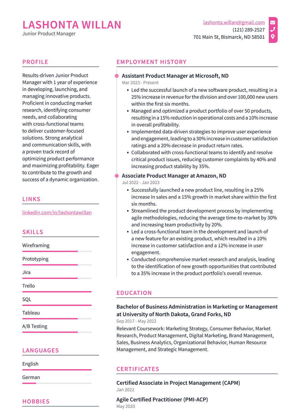Pinterest Junior Product Manager Resume Examples | ResumeCat