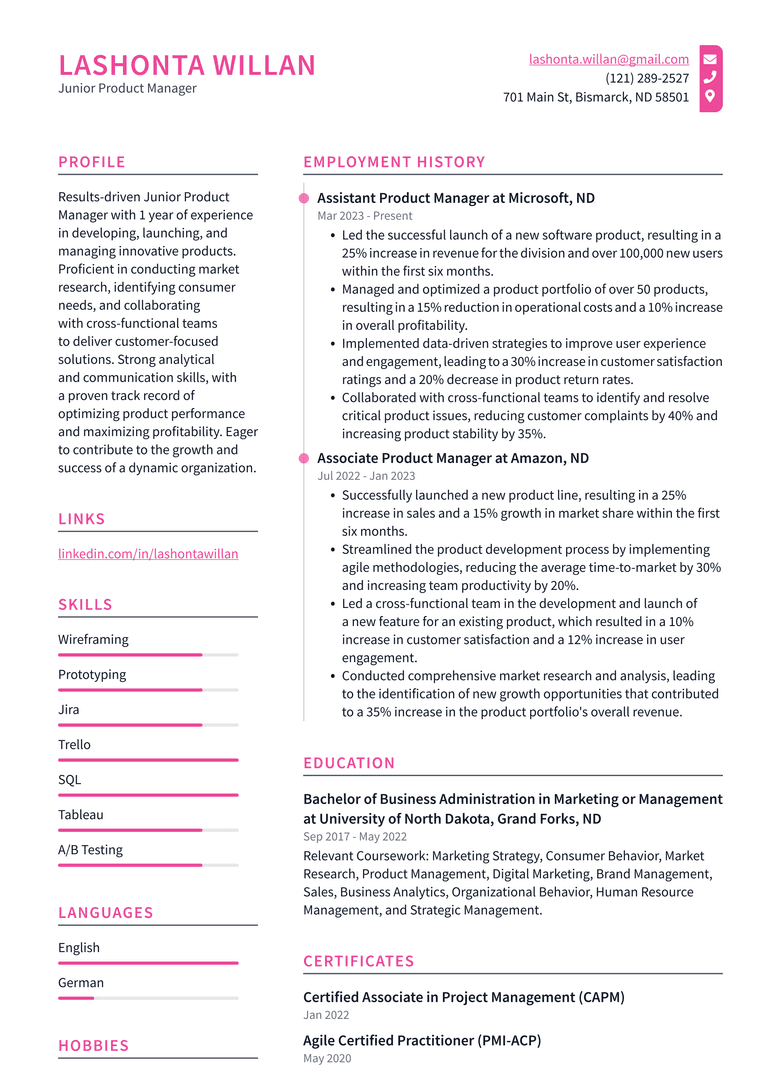Pinterest Junior Product Manager Resume Examples | ResumeCat