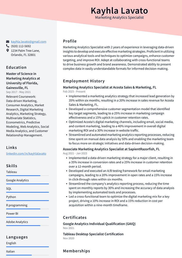 Pinterest Marketing Analytics Specialist Resume Examples