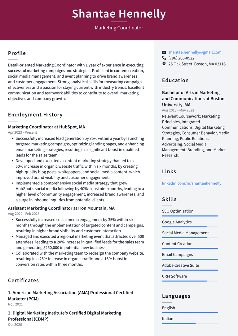 Pinterest Marketing Coordinator Resume Examples | ResumeCat