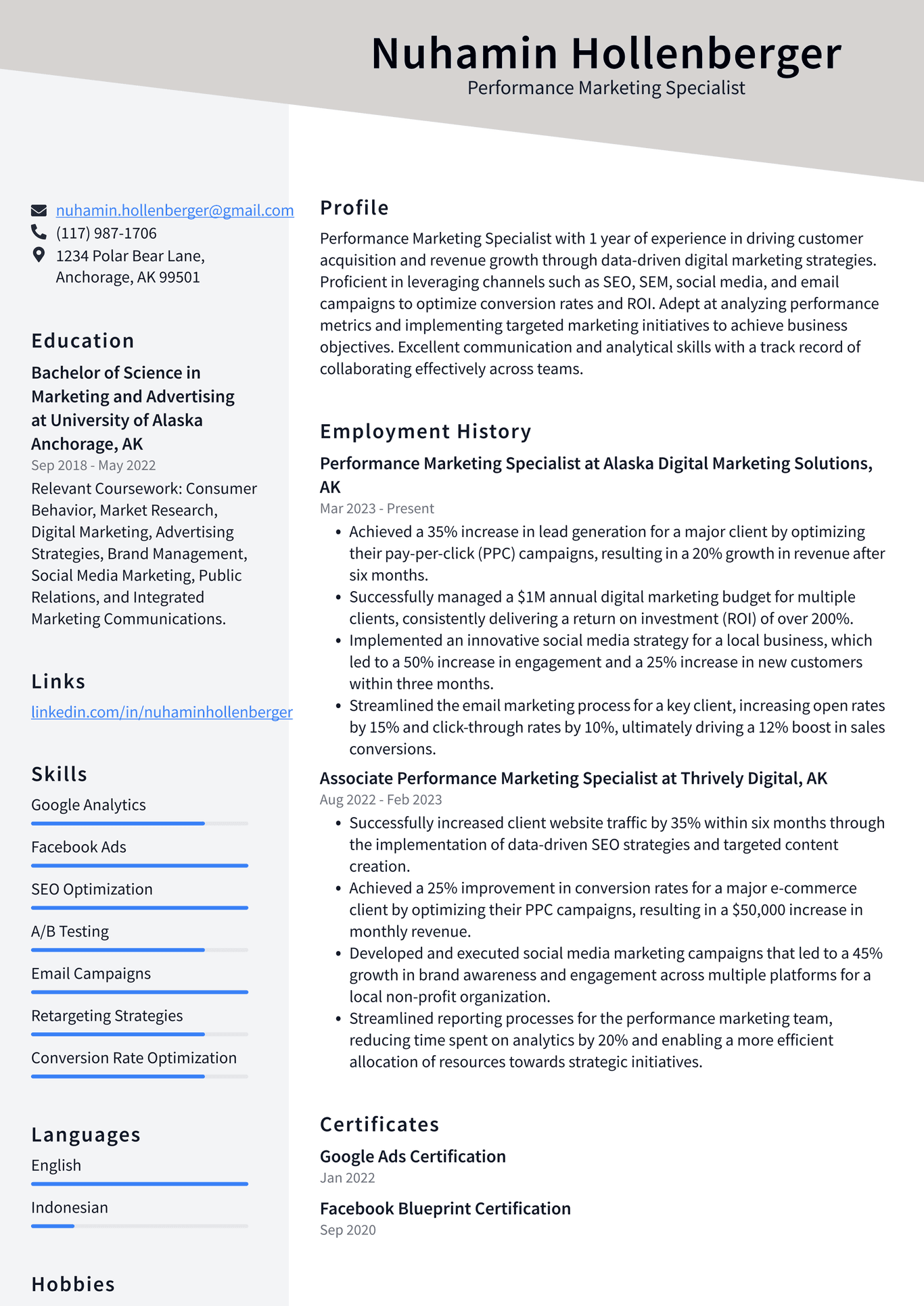 Pinterest Performance Marketing Specialist Resume Examples