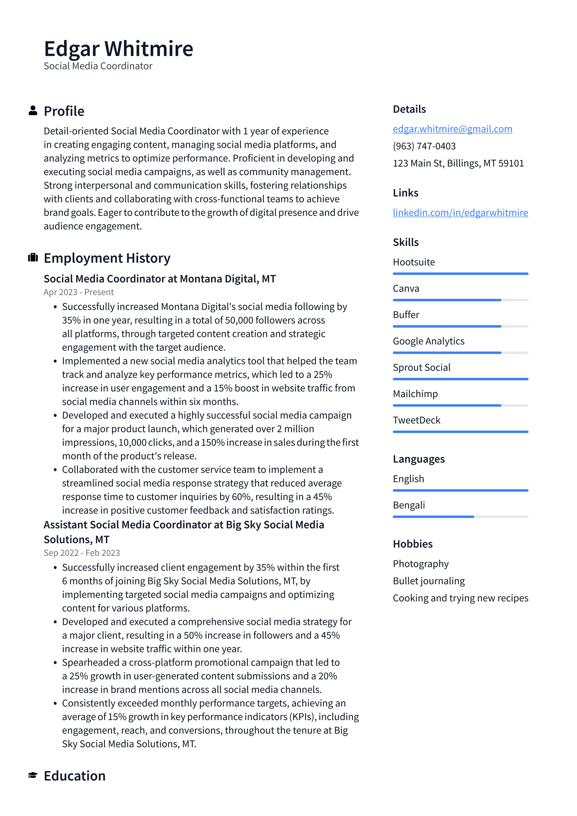 Pinterest Social Media Coordinator Resume Examples