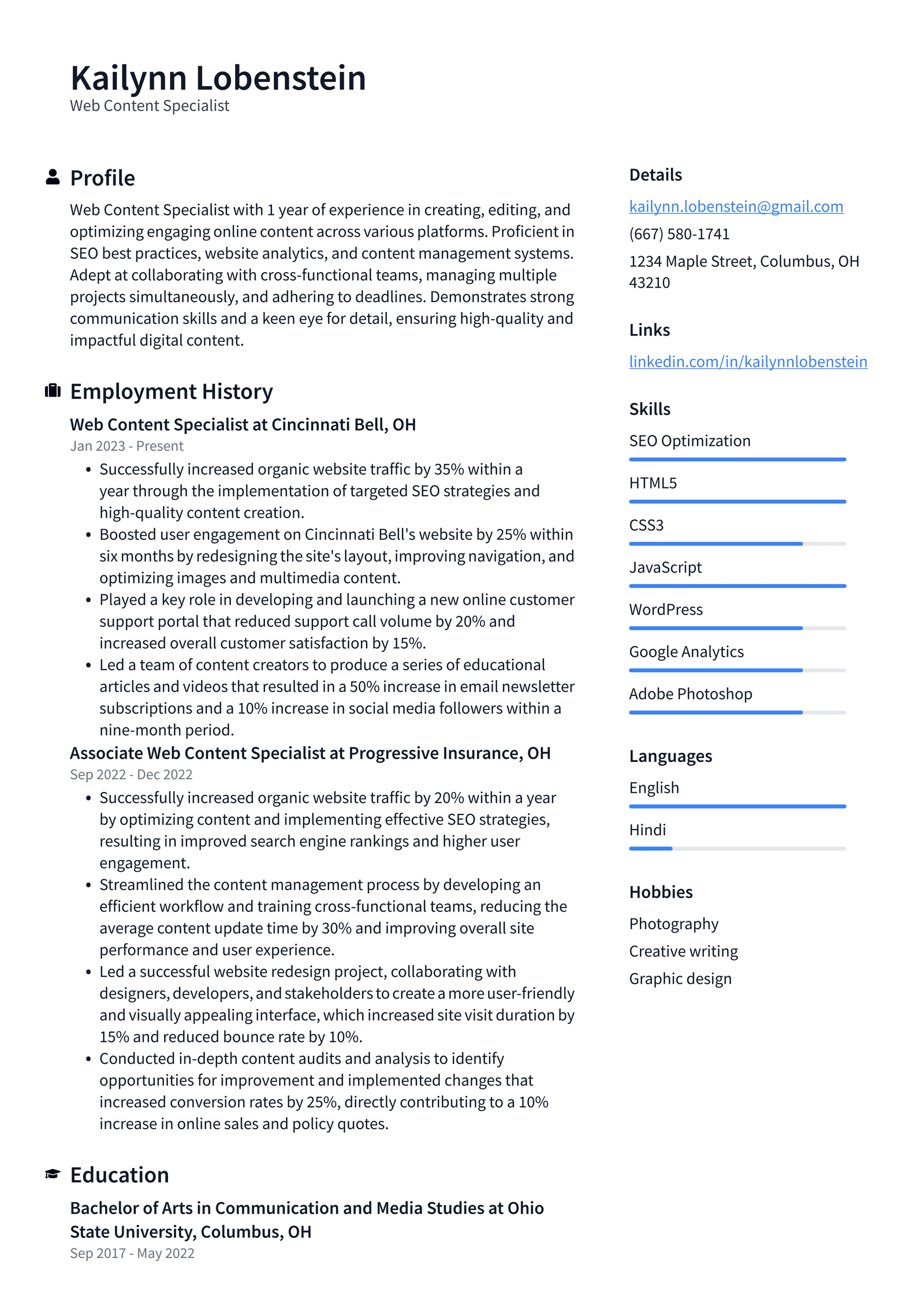 Pinterest Web Content Specialist Resume Examples | ResumeCat