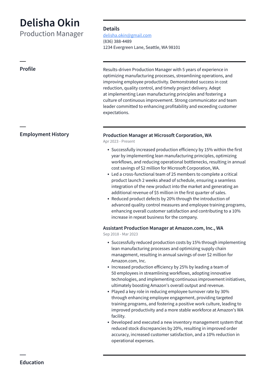 Top 16 Production Manager Resume Objective Examples