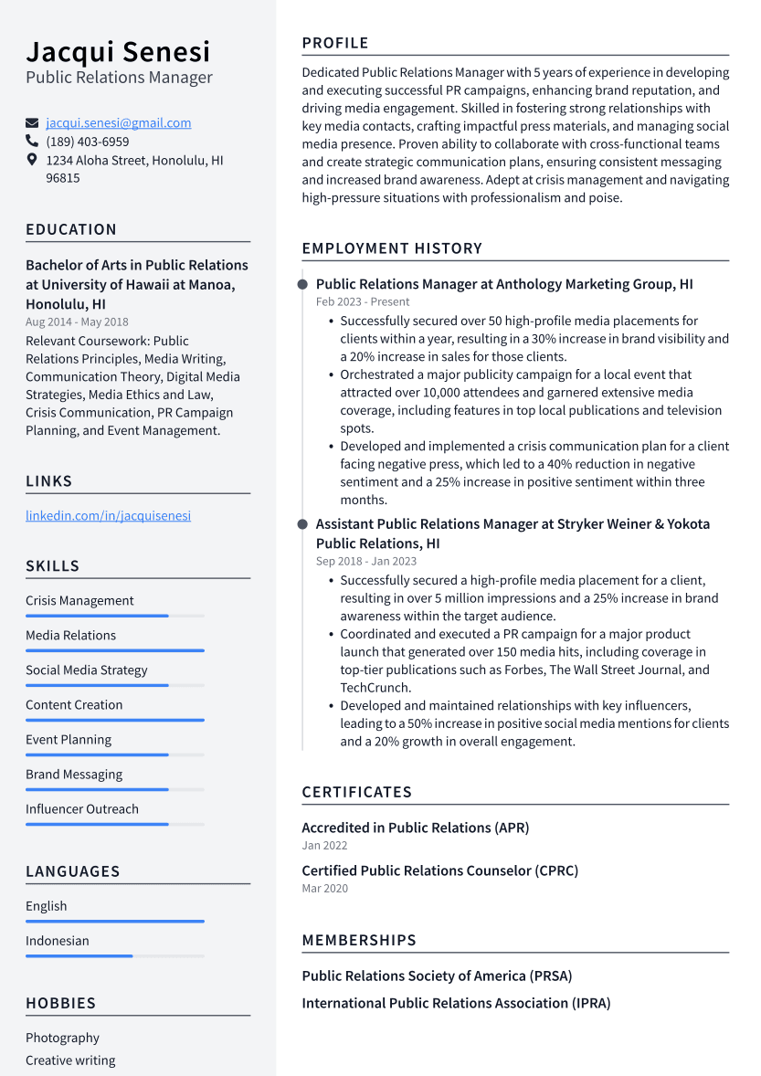 Public Relations Manager Resume Examples And Templates
