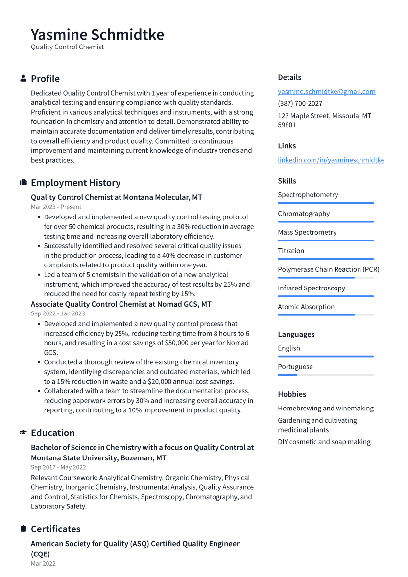 Top 17 Quality Control Chemist Resume Objective Examples