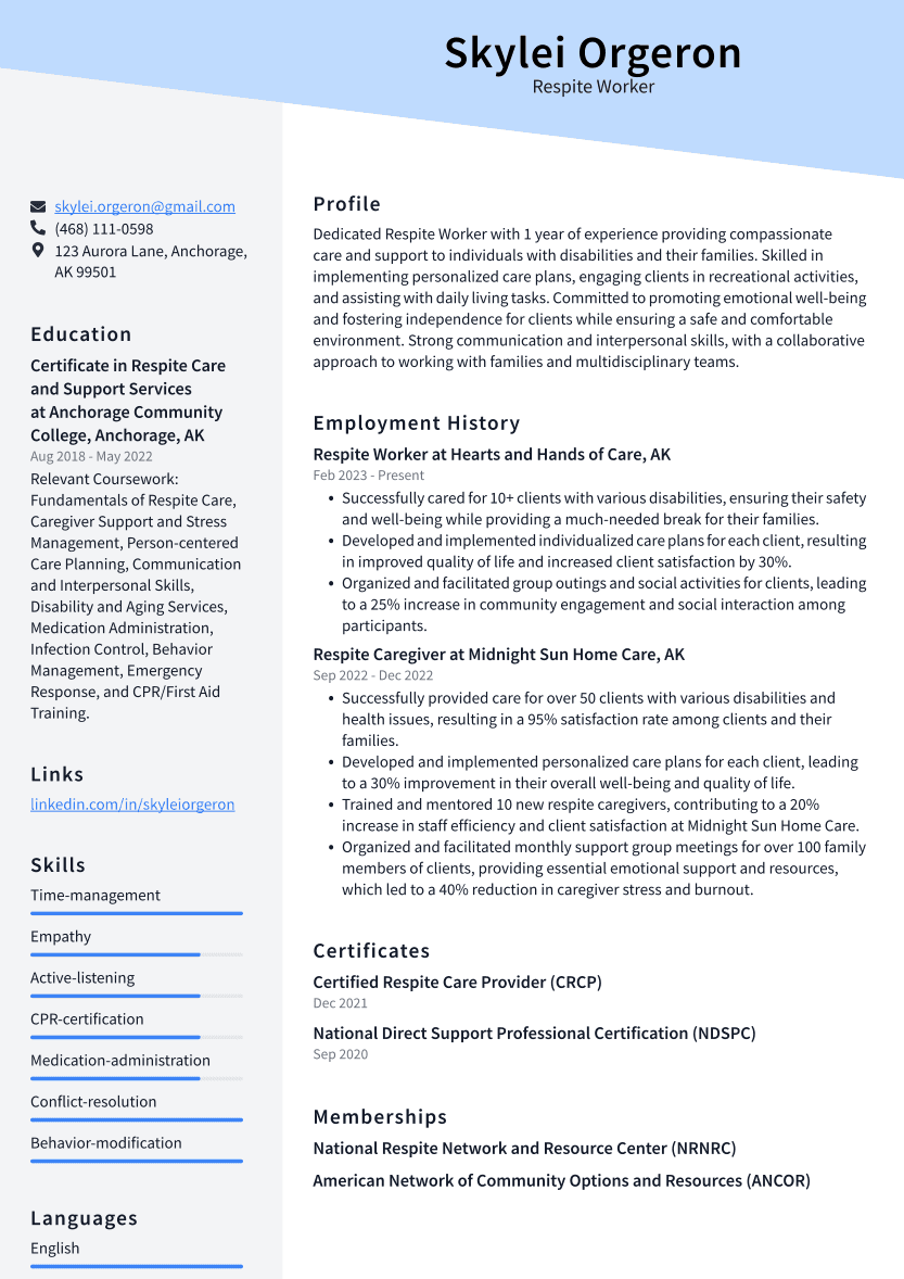 Respite Worker Resume Examples And Templates ResumeCat