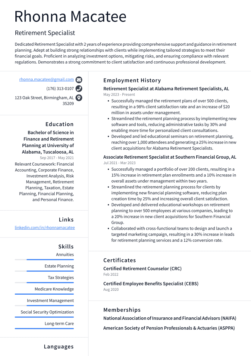 Top 17 Retirement Specialist Resume Objective Examples