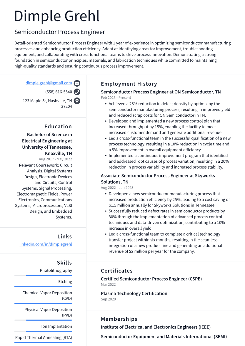 Top 18 Semiconductor Process Engineer Resume Objective Examples