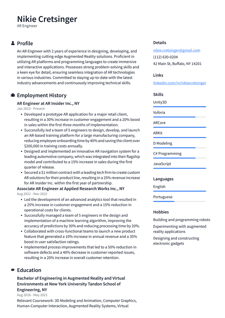 Snapchat AR Engineer Resume Examples | ResumeCat